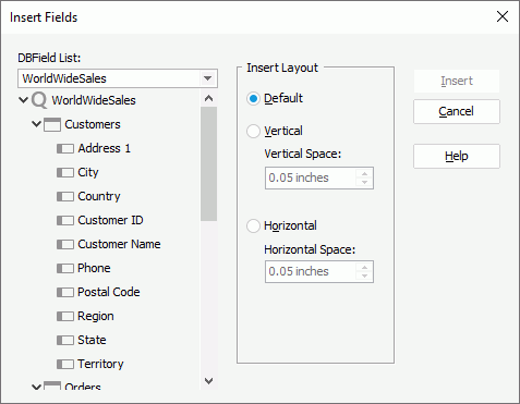 Insert Fields Dialog Box